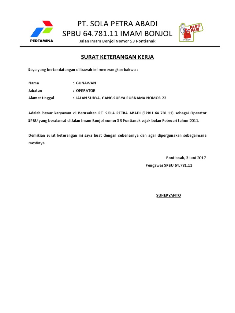 Contoh Surat Keterangan Kerja | PDF