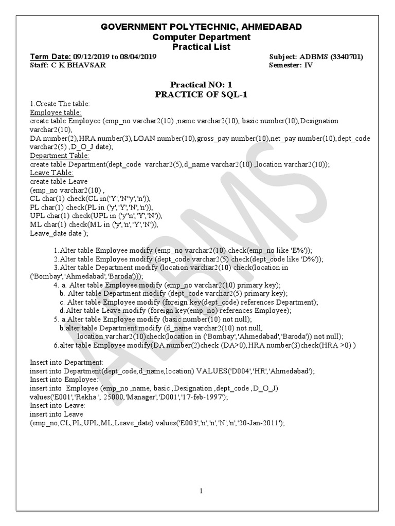 ADBMS Practical - List - 2019 PDF | PDF | Control Flow | Pl/Sql ADBMS Practical - List - 2019 PDF | PDF | Control Flow | Pl/Sql