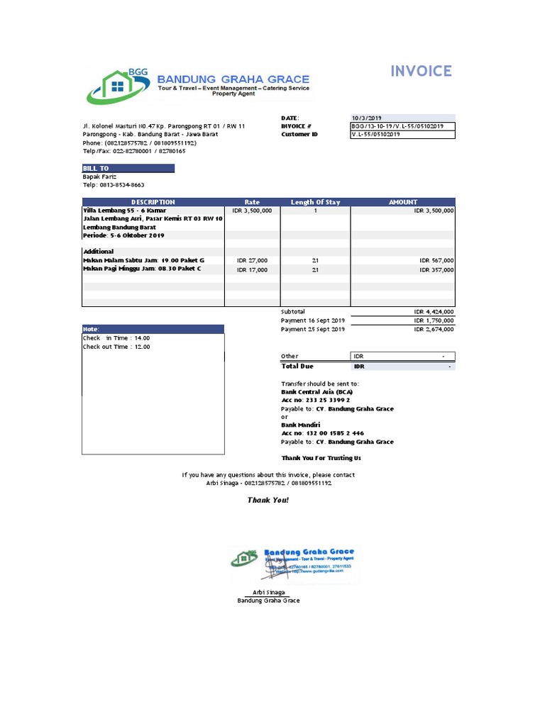 Invoice Villa BGG 29-09-19 - VL 55 - BApak Fariz 5 Okt 2019 | PDF | Business Documents | Accounting