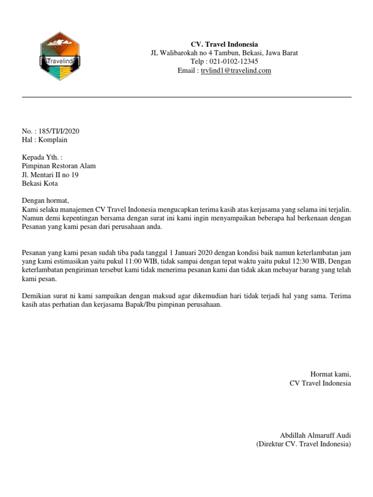 Contoh Surat Komplain Restoran | PDF