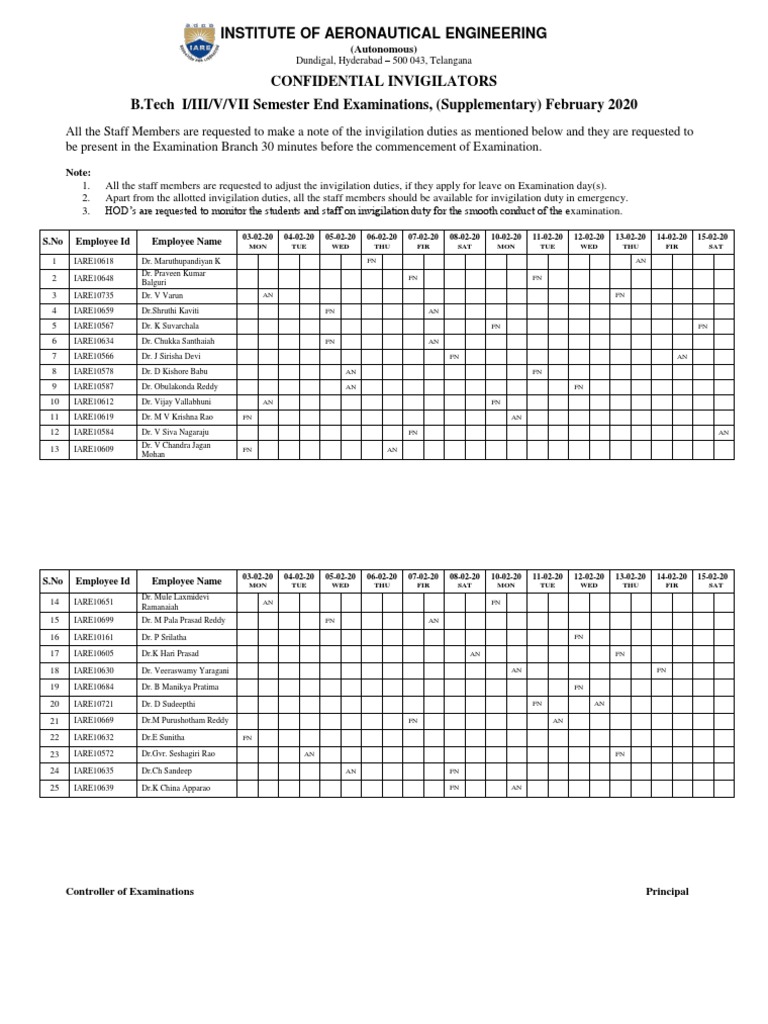 Schedule of Invigilation Duties for Supplementary Examinations in ...