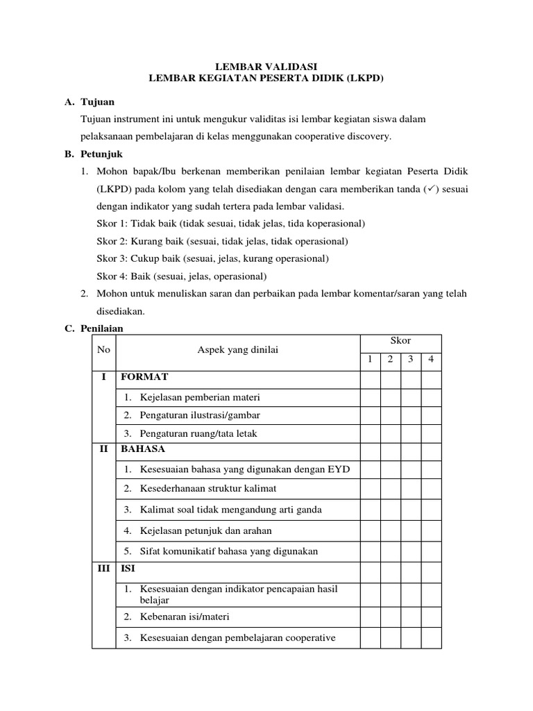 Contoh LEMBAR VALIDASI LKPD | PDF