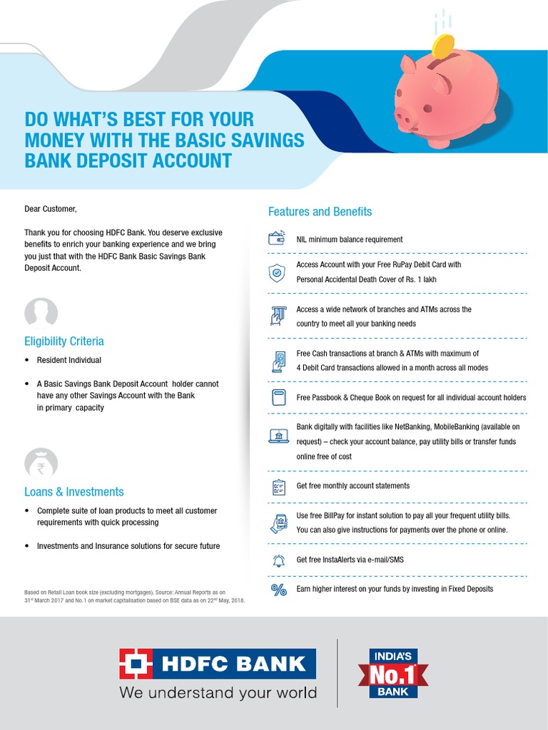 HDFC Bank One Pager English BSBDA | PDF | Deposit Account | Banks