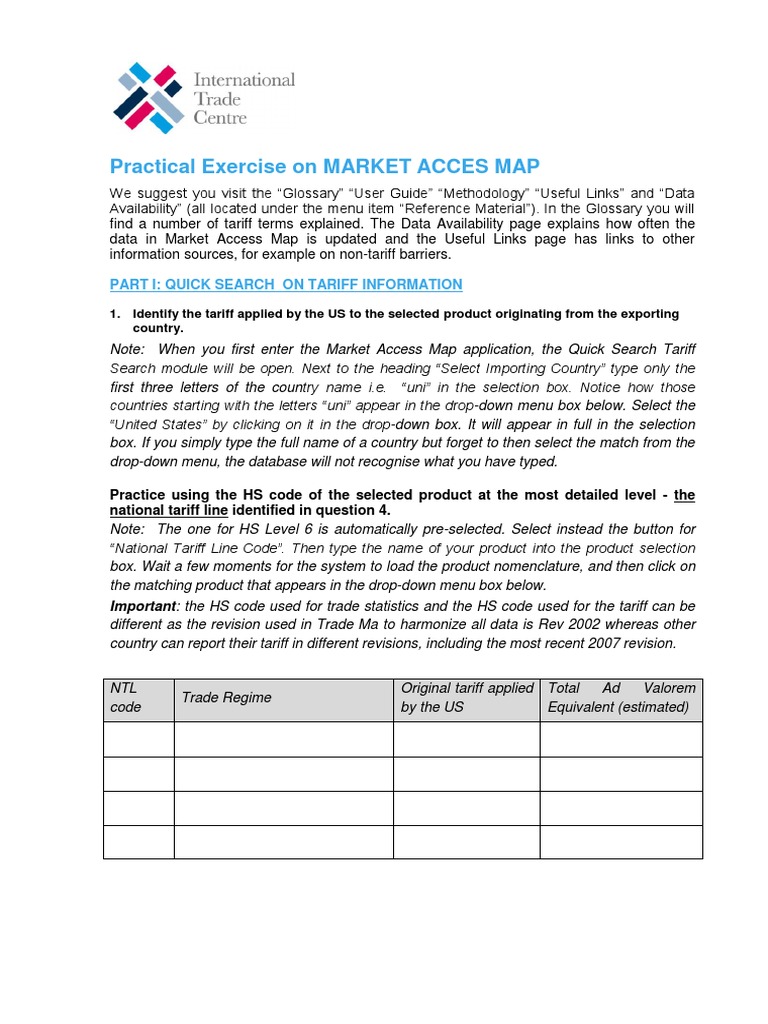 Practical Exercise Macmap Part 1 | PDF | Market Access | Tariff