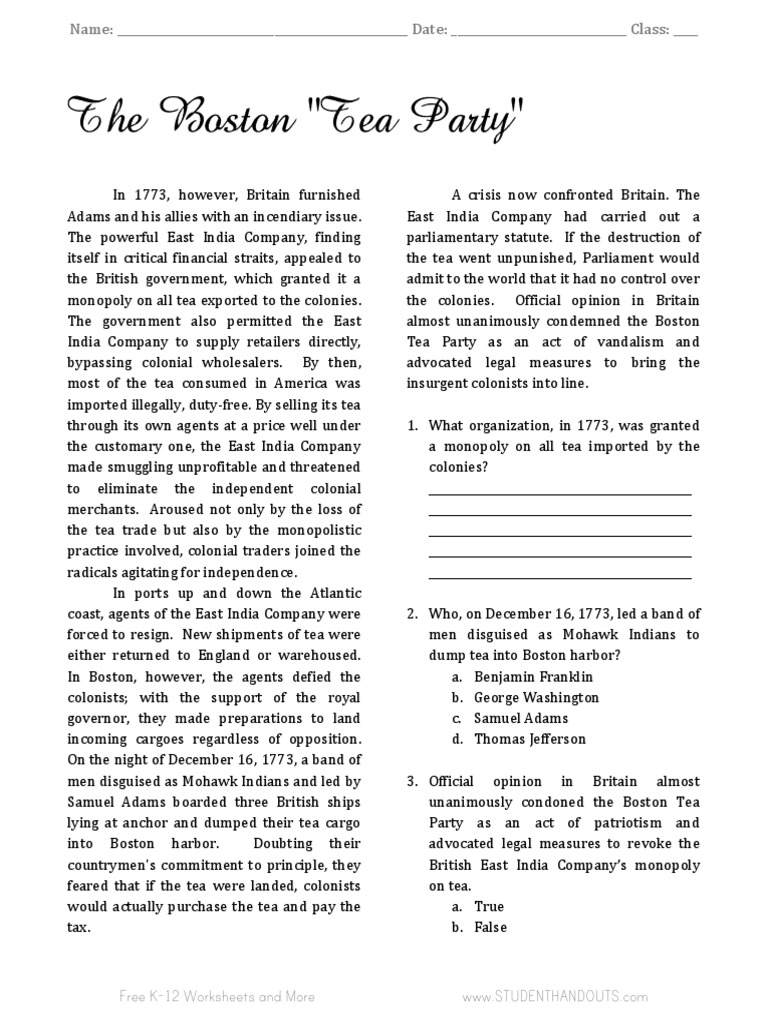 03.06 Boston Tea Party Reading Questions PDF | PDF | East India Company ...