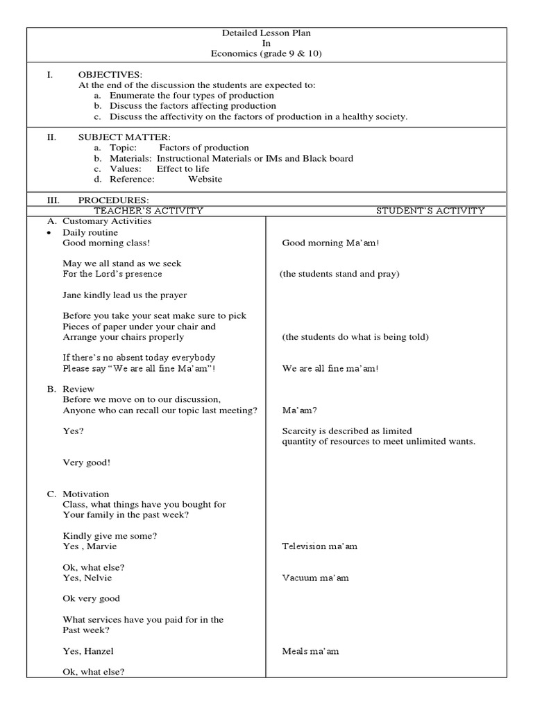 Lesson Plan For Demo | PDF | Factors Of Production | Entrepreneurship
