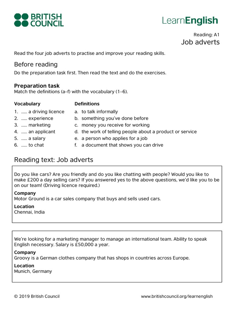 LearnEnglish Reading A1 Job Adverts | PDF | Driver's License | Nursing