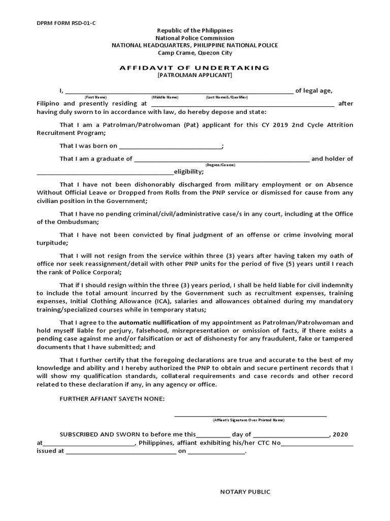 Affidavit of Undertaking 2019 Patrolman | PDF | Affidavit | Notary Public
