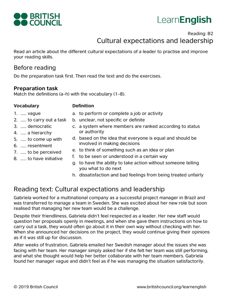 LearnEnglish Reading B2 Cultural Expectations and Leadership PDF | PDF ...
