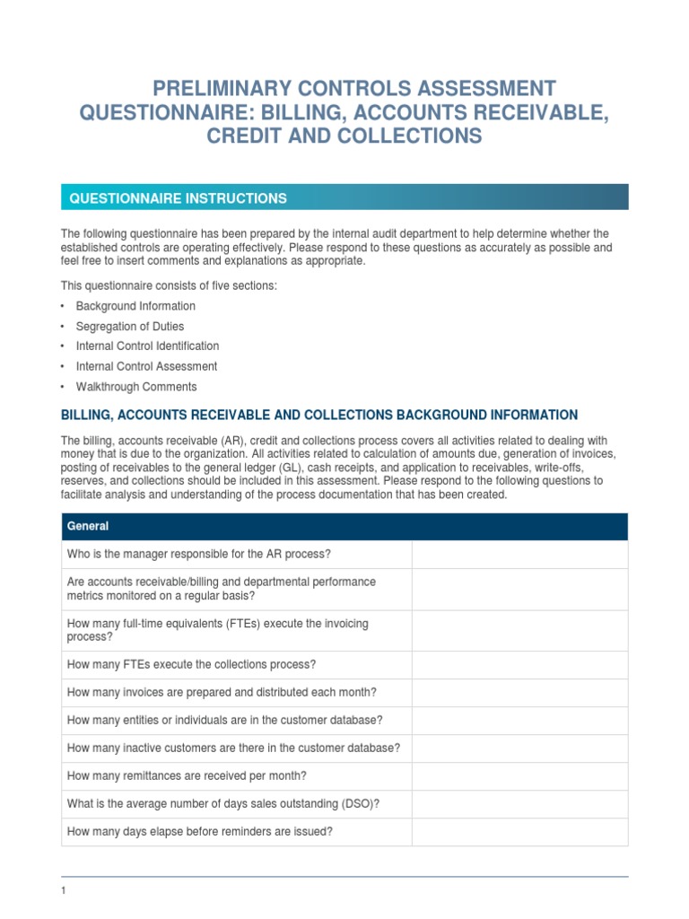 Preliminary Controls Assessment Questionnaire - Billing, Accounts ...