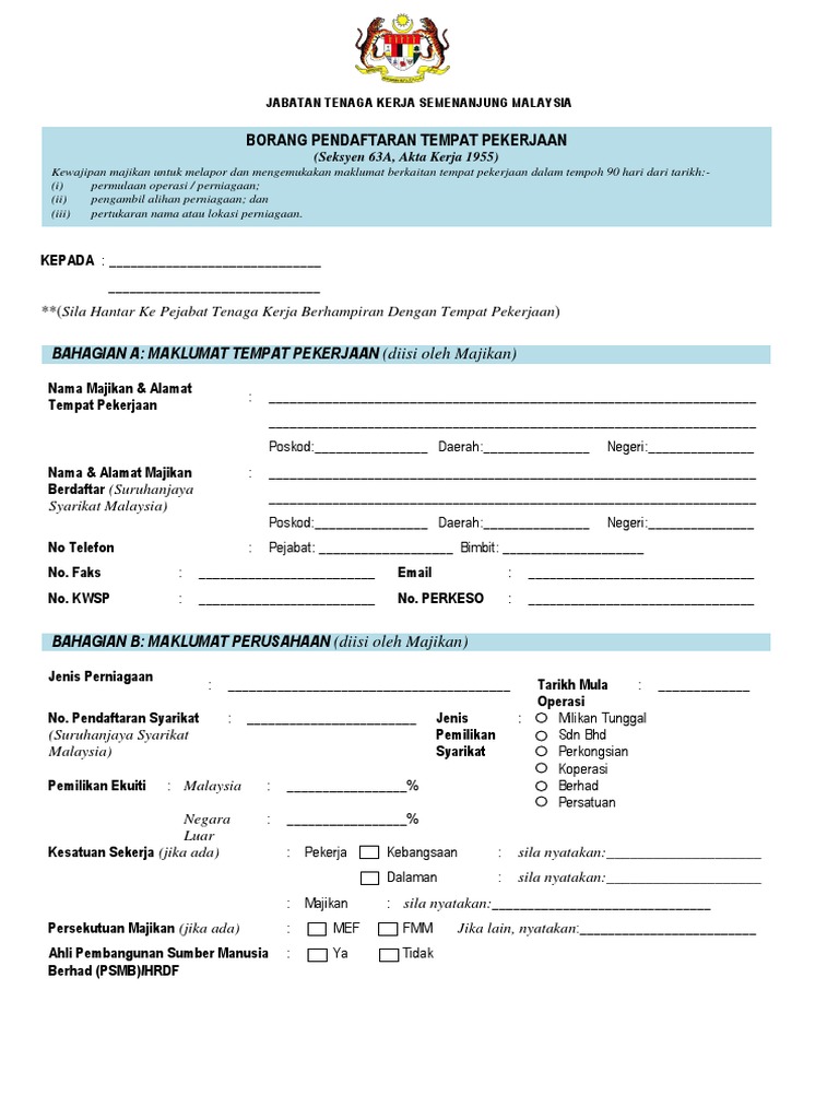 Borang Pendaftaran Tempat Pekerjaan 63A PDF | PDF