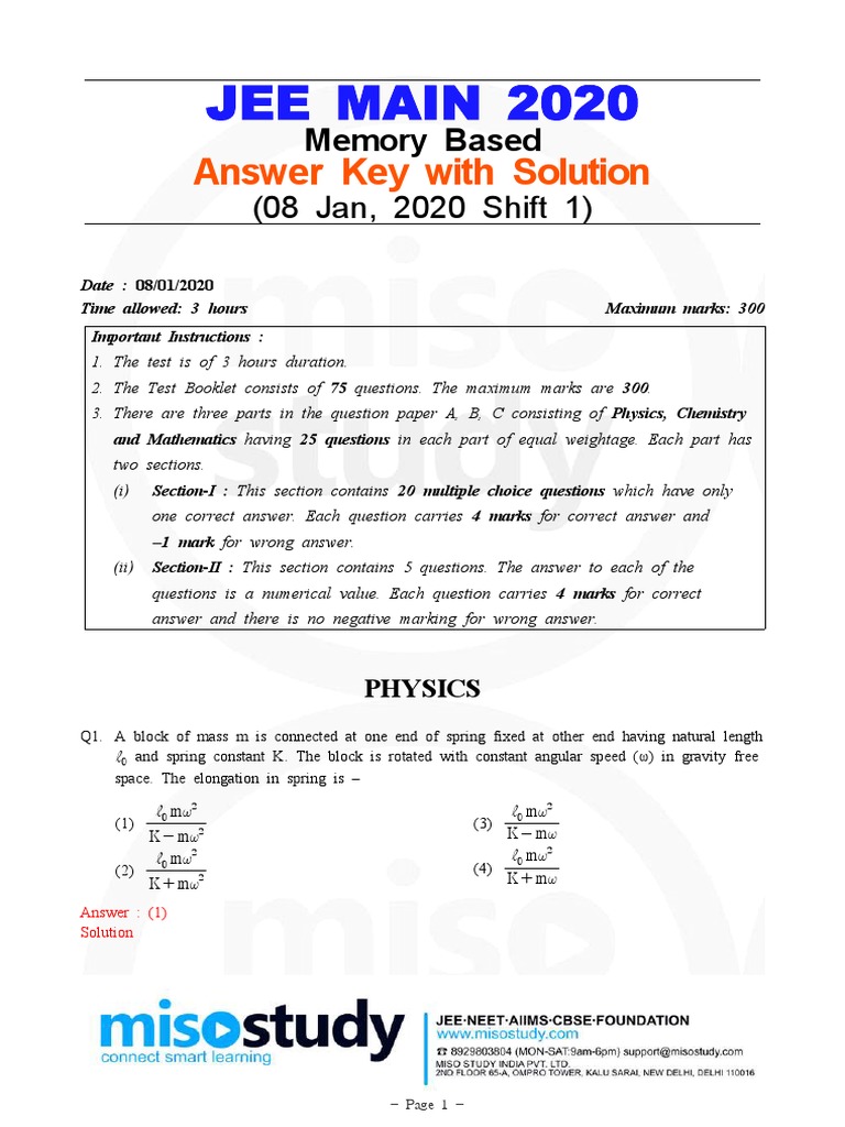 JEE Main 2020 Question Paper With Solution 08 Jan 2020 Shift 1 Memory ...