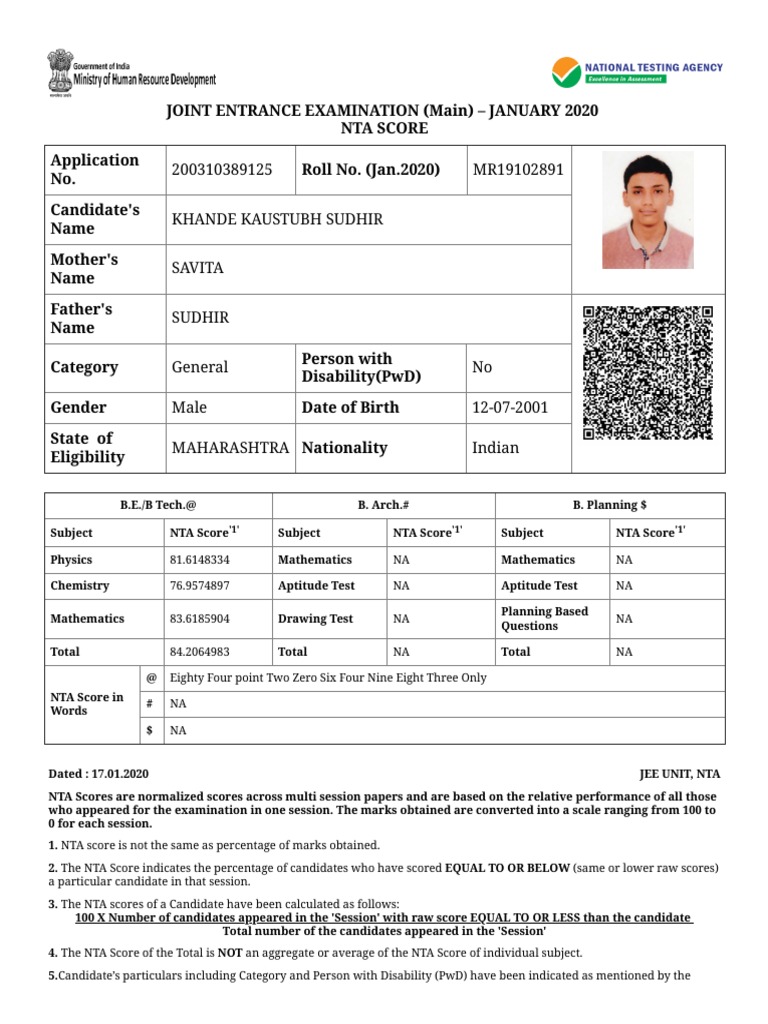 Jee Main 2020 January Result PDF | PDF | Educational Assessment And ...