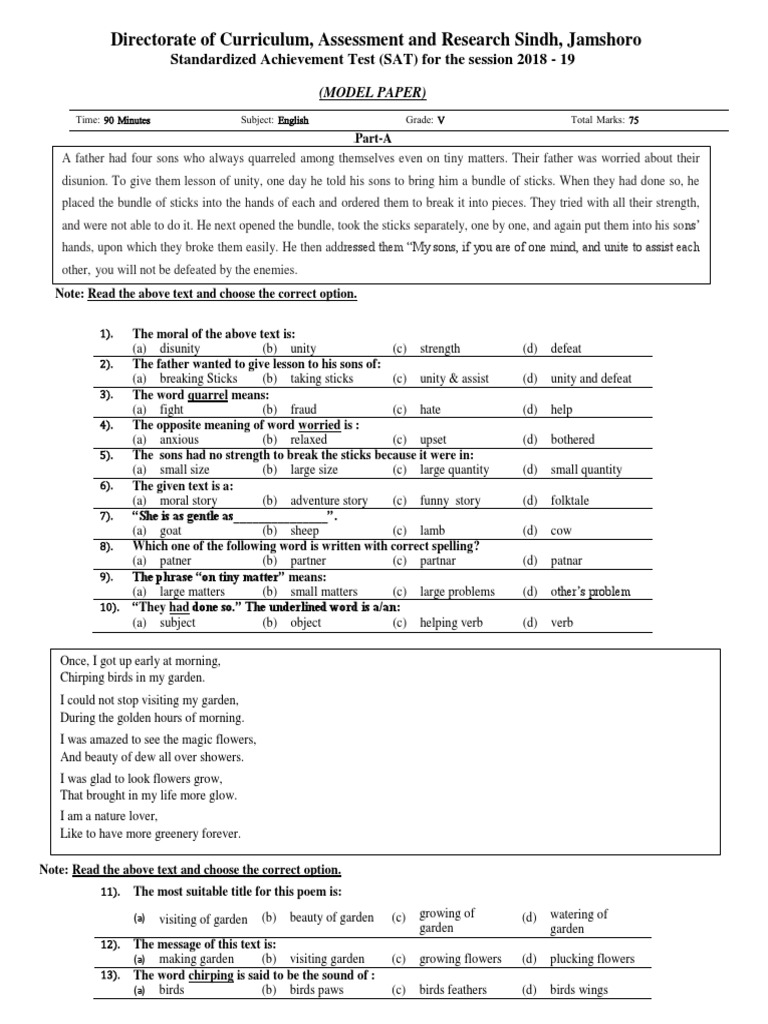 English Grade - 5 (Model Paper) PDF | PDF