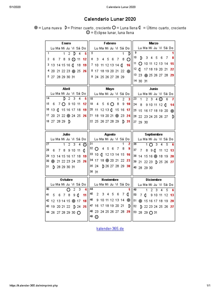 Calendario Lunar 2020 | PDF | Calendario | Luna