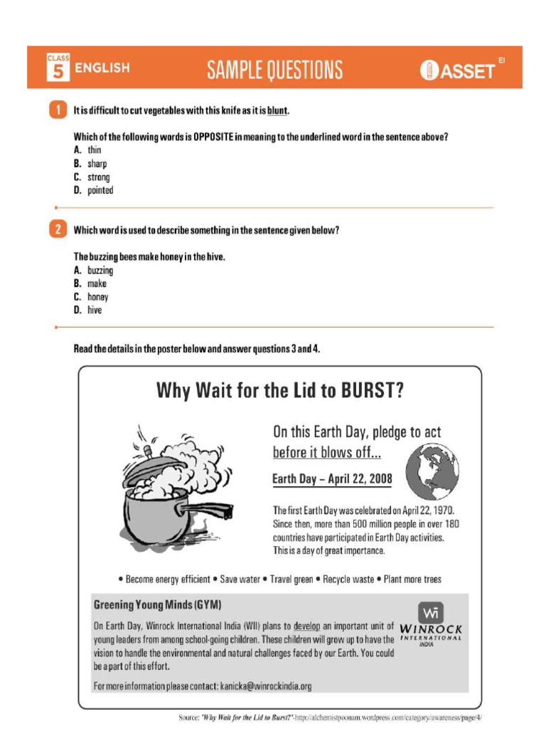 Class 5 ASSET English Sample Paper PDF | PDF