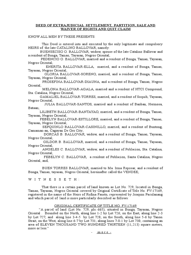 DEED OF EXTRAJUDICIAL SETTLEMENT, PARTITION, SALE AND WAIVER OF RIGHTS ...