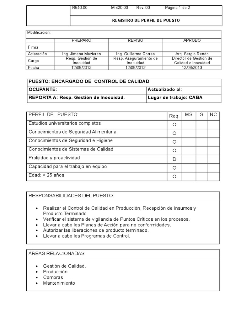 Perfil Encargado de Control de Calidad | PDF