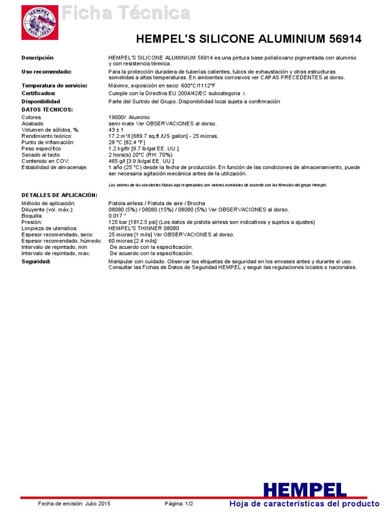 Pintura Térmica HEMPEL 56914 | PDF | Aluminio | Pintar