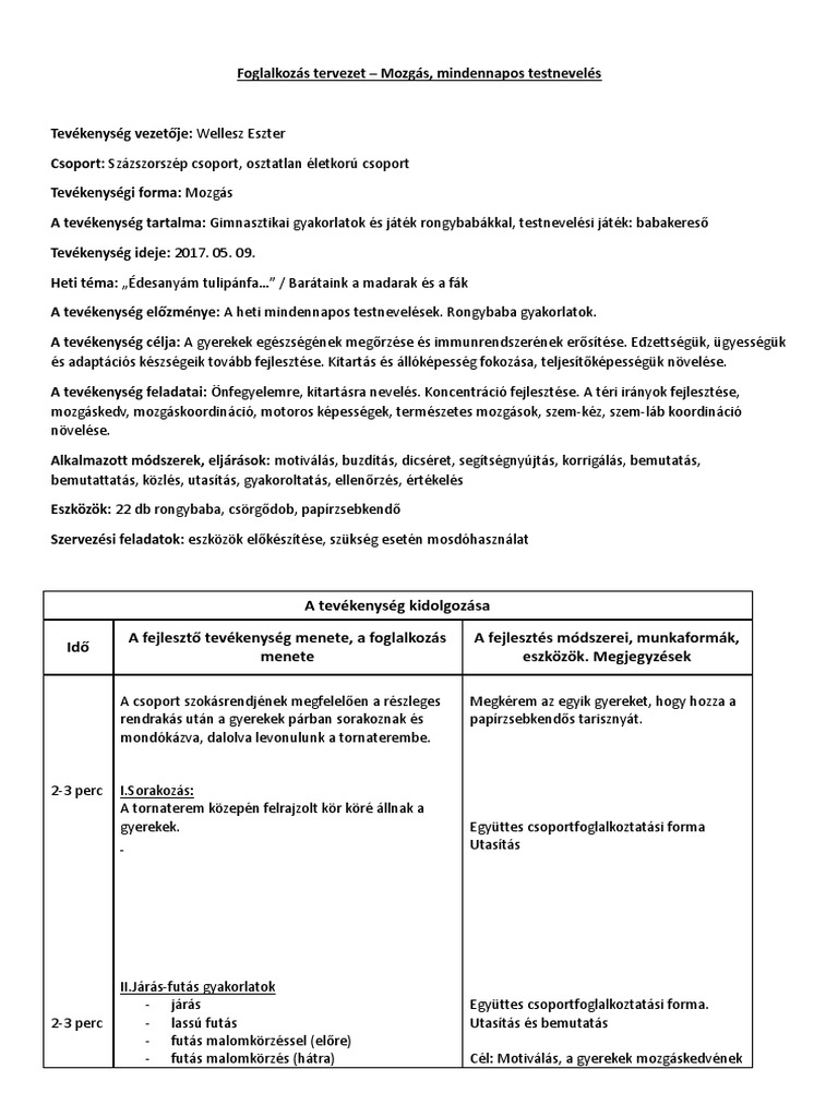 Foglalkozás Tervezet - Mozgás | PDF