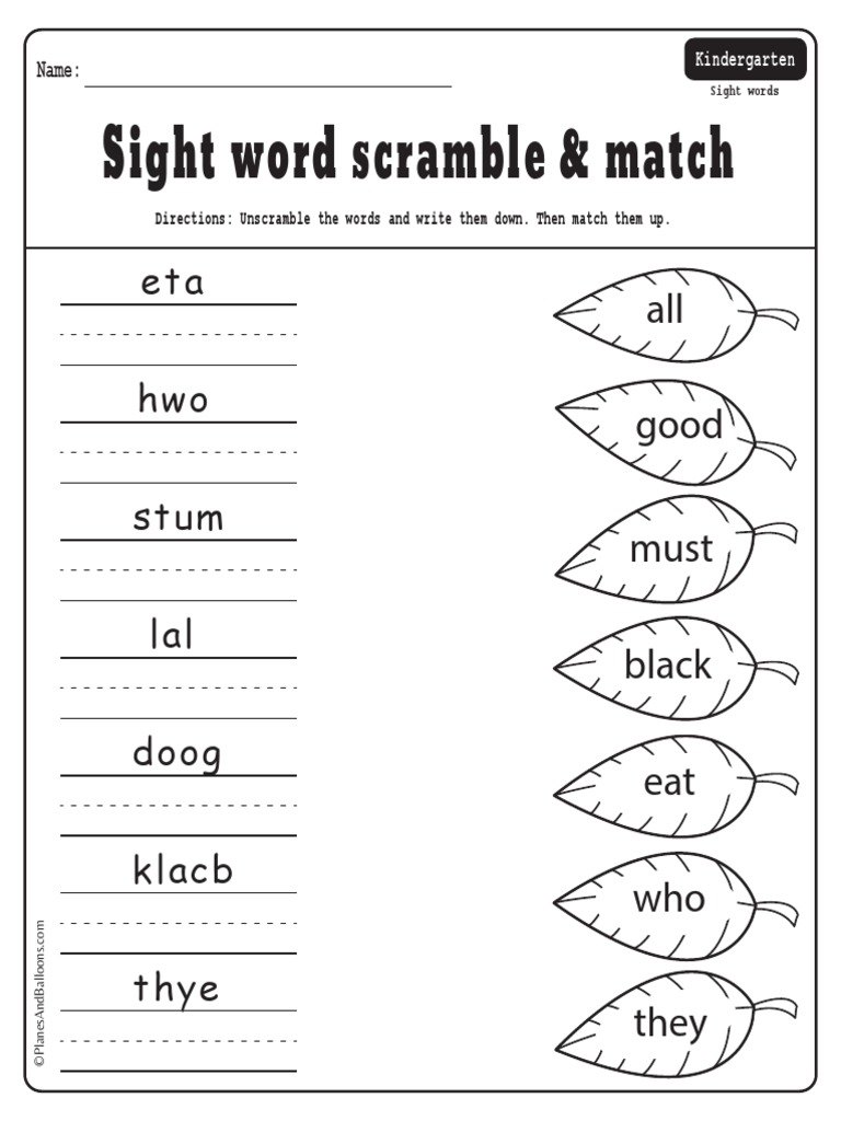 Sight Word Scramble Kindergarten | PDF