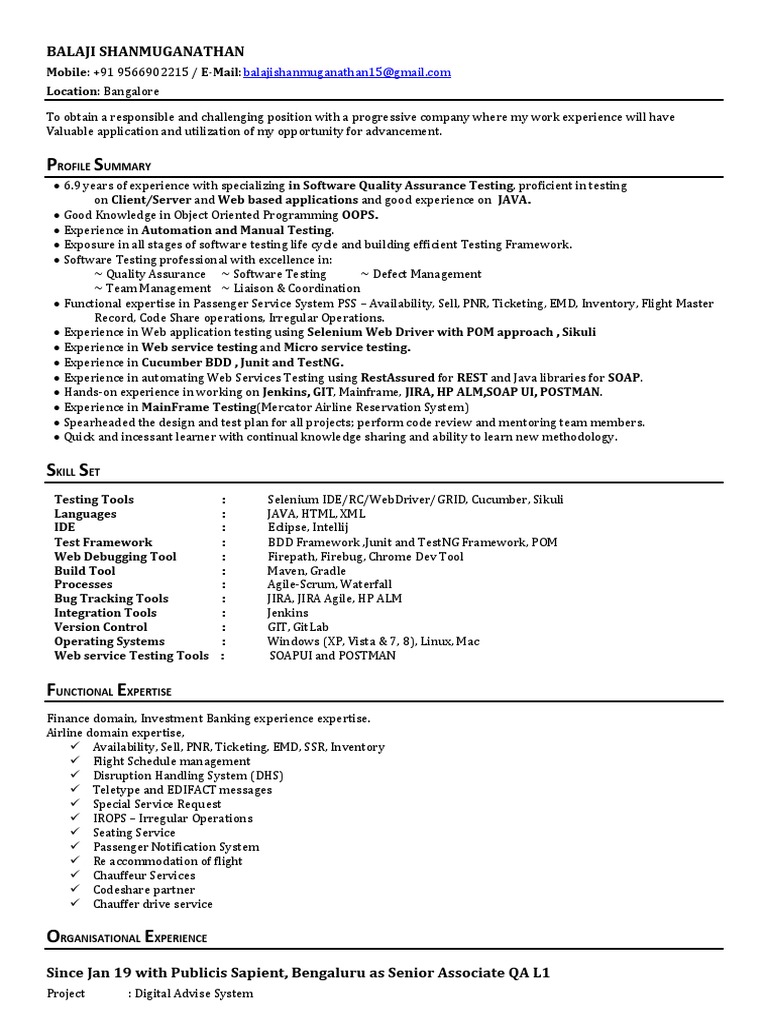 Balaji S - Resume - Software Automation Test Engineer | PDF | Software ...
