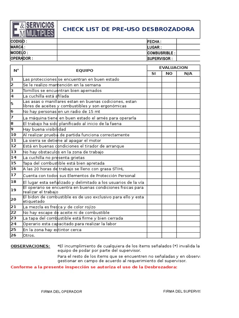 Check List Pre-uso Desbrozadora | PDF | Bienes manufacturados