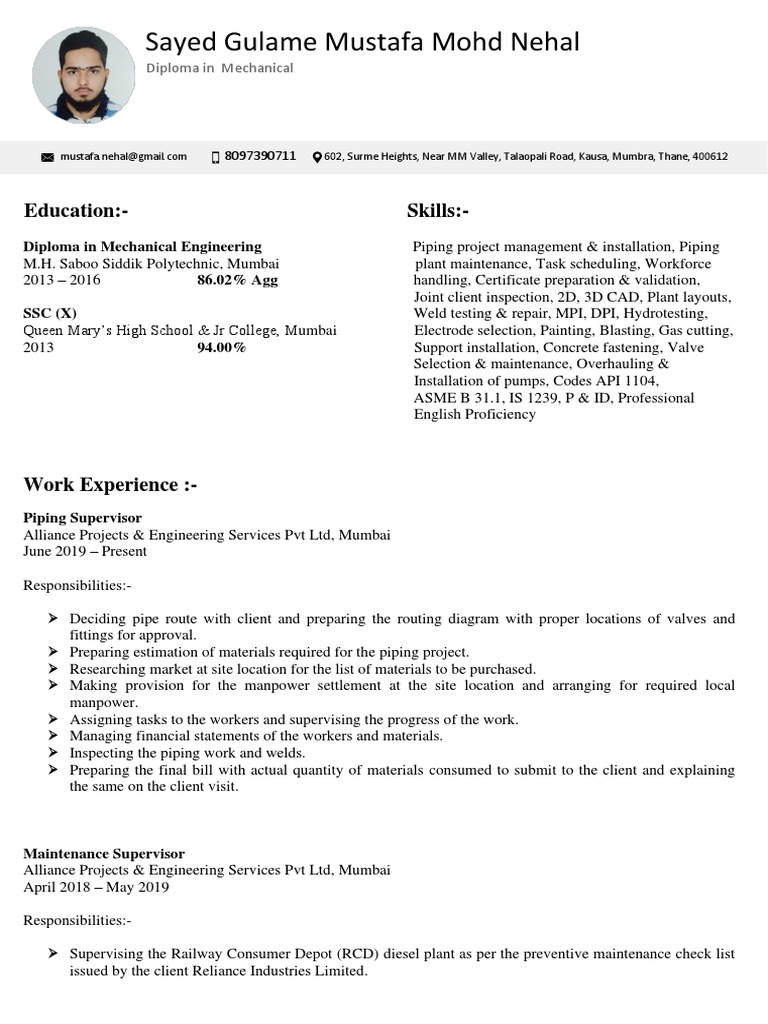 Piping Supervisor Resume | PDF | Pipe (Fluid Conveyance) | Pump