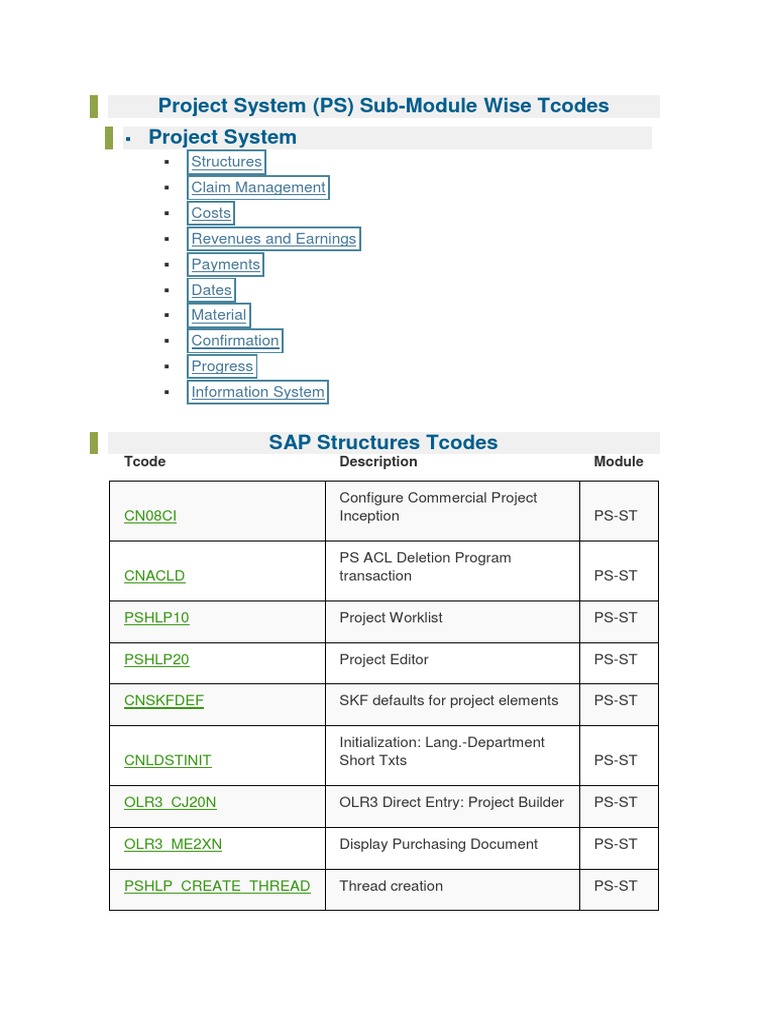 SAP Project System Tcodes Overview | PDF | Computing | Business