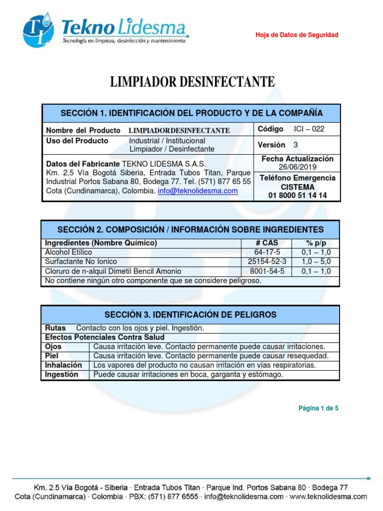 Hoja de datos de seguridad para limpiador desinfectante proporciona información clave sobre su ...