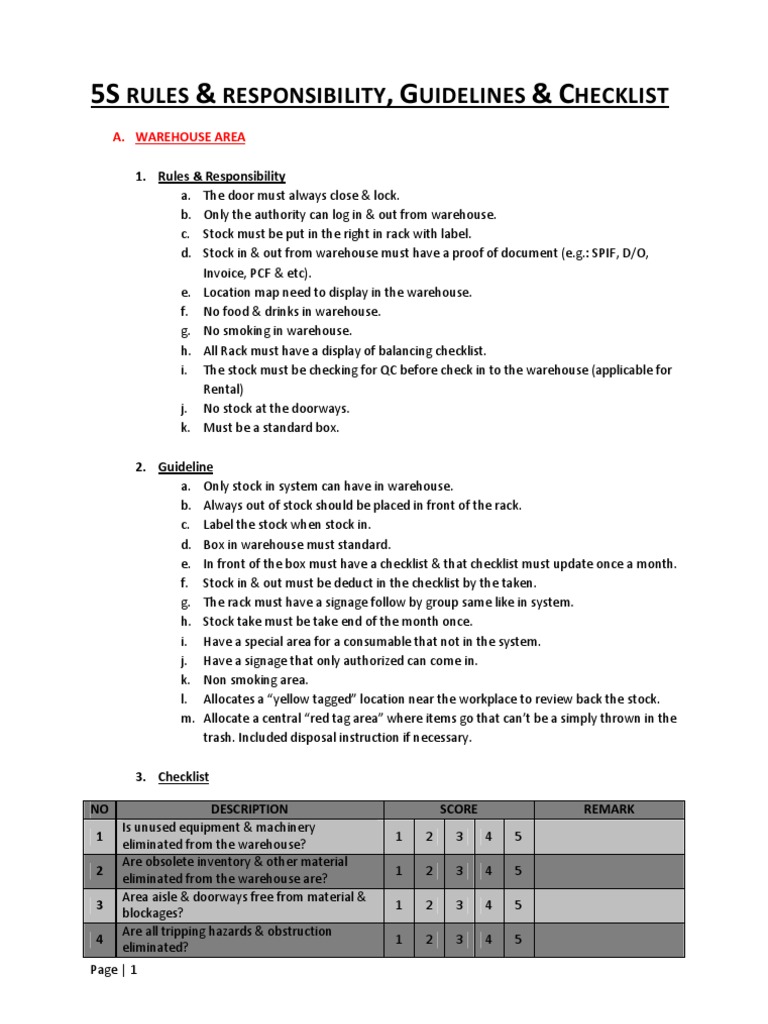 5S Guidelines, Checklist, Rules & Responsibility | PDF | Warehouse ...