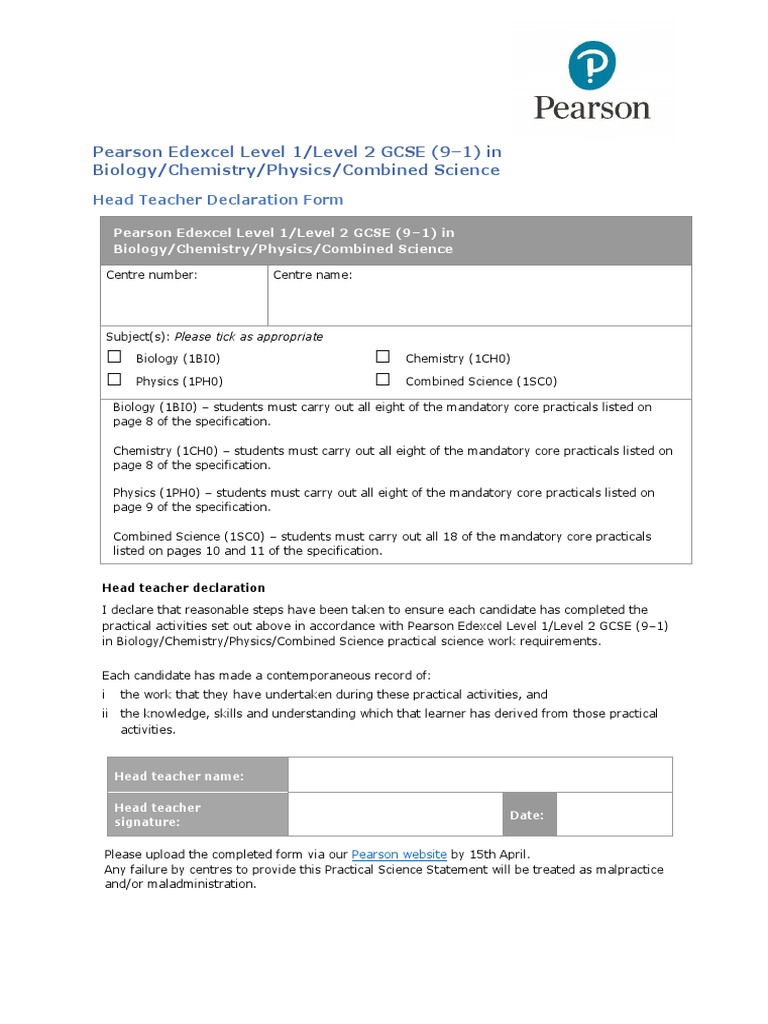 GCSE Science Practical Work Head Teacher Declaration | PDF