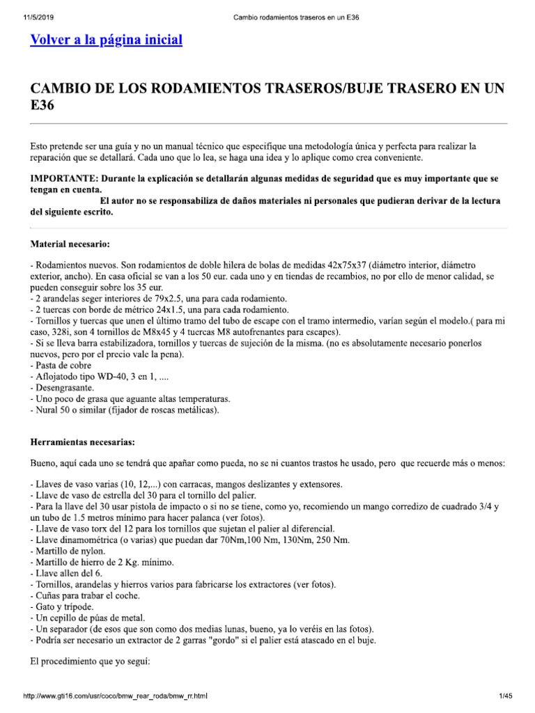 Cambiar Rodamieno Trasero BMW E36 PDF | PDF