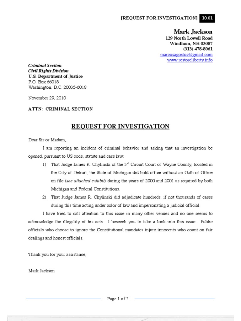Request For Investigation - Department of Justice | Download Free PDF ...
