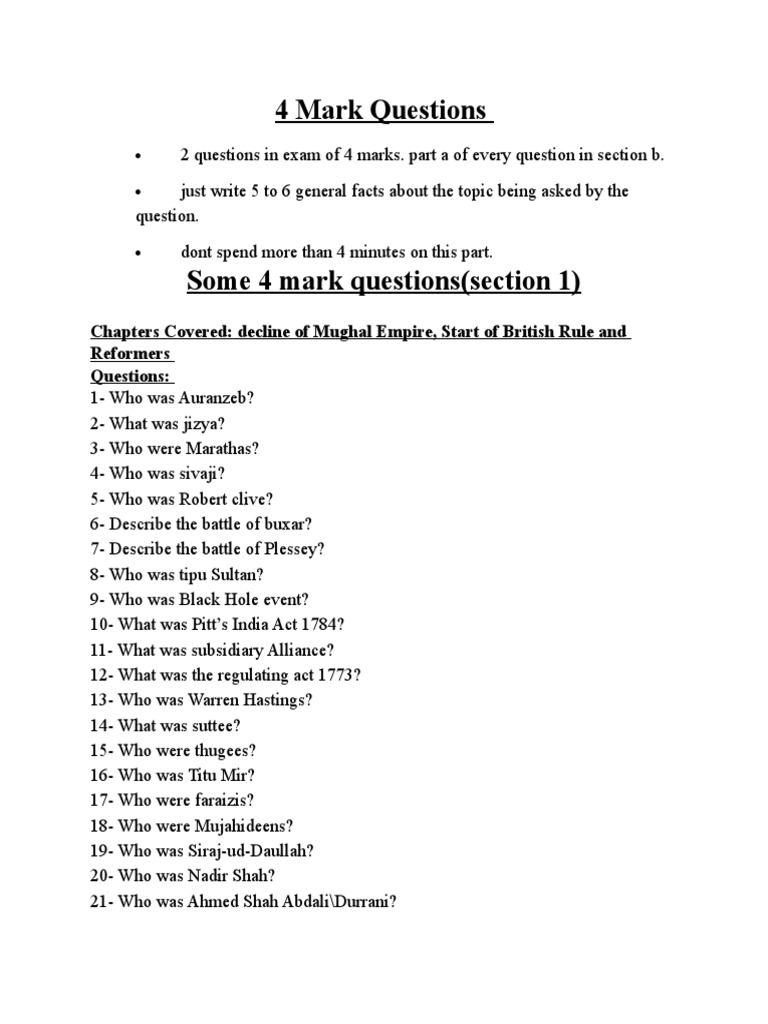 4 Mark Questions and Answers for Indian History Exam | PDF | Muhammad ...