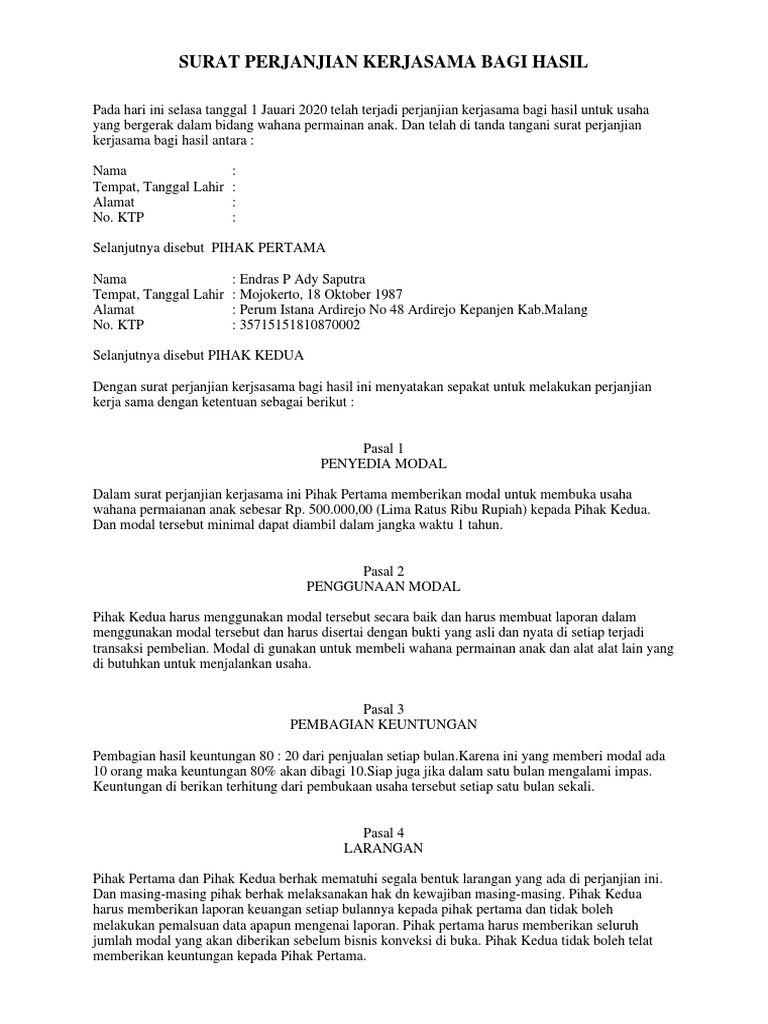 Surat Perjanjian Kerjasama Bagi Hasil | PDF