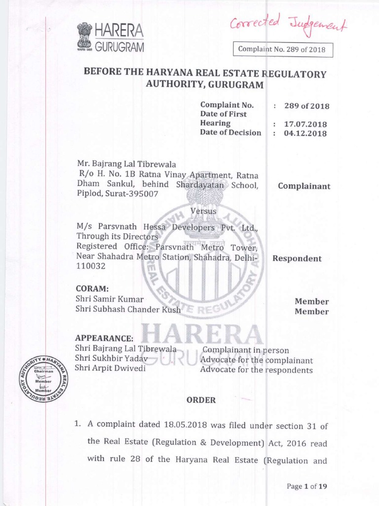 Parsvnath Exotica HARERA, RERA Judgment | PDF | Mortgage Loan | Common Law