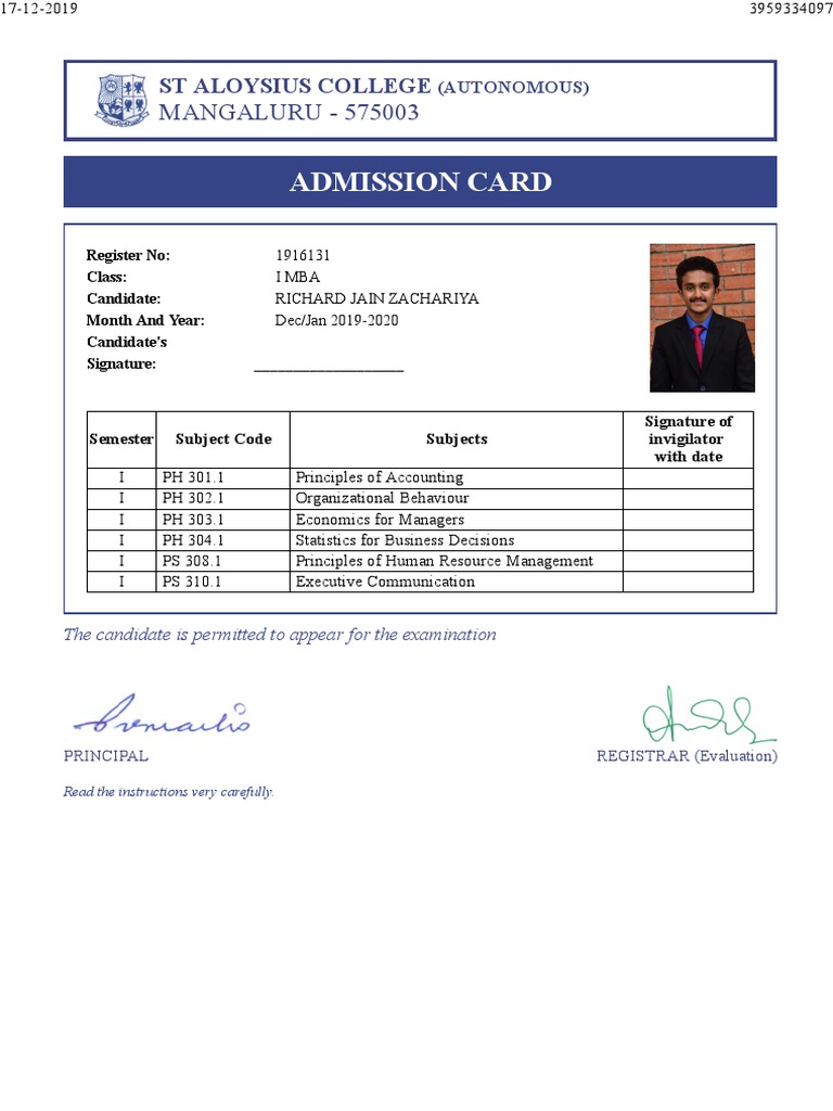 St. Aloysius College Exam Hall Ticket | PDF