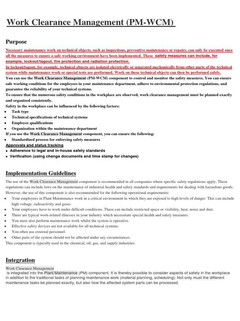 SAP PM Work Clearance Management PDF | PDF | Occupational Safety And ...