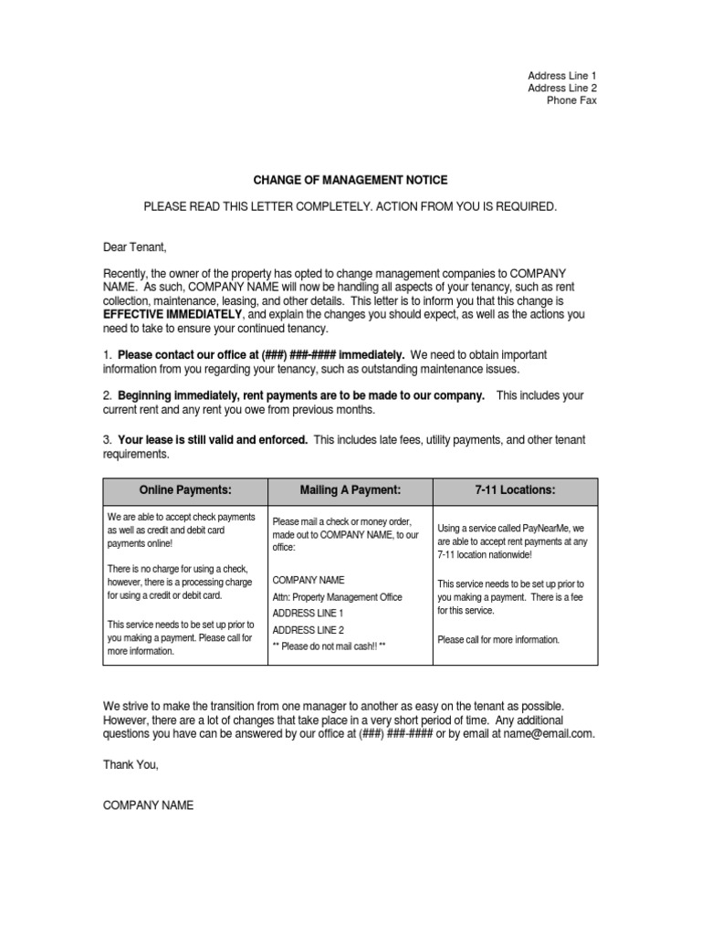Change of Management Notice | PDF | Leasehold Estate | Lease