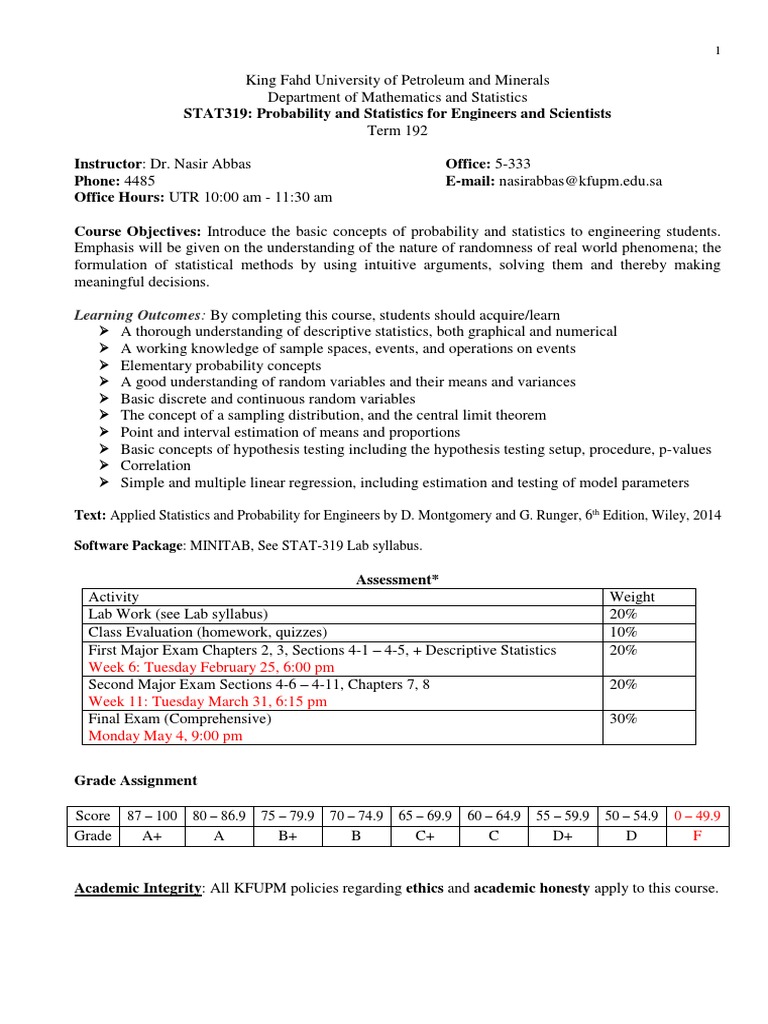 Syllabus STAT 319-192 | PDF | Probability Distribution | Regression Analysis