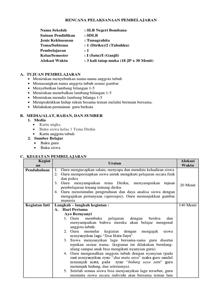 RPP Tunagrahita Kelas 1 Tema 1 Subtema 2 | PDF