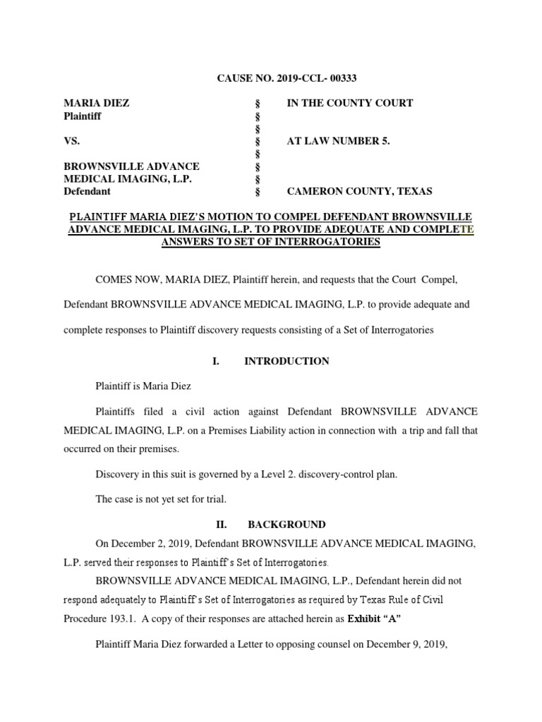 Plaintiffs Motion To Compel To Defendant | PDF | Interrogatories ...