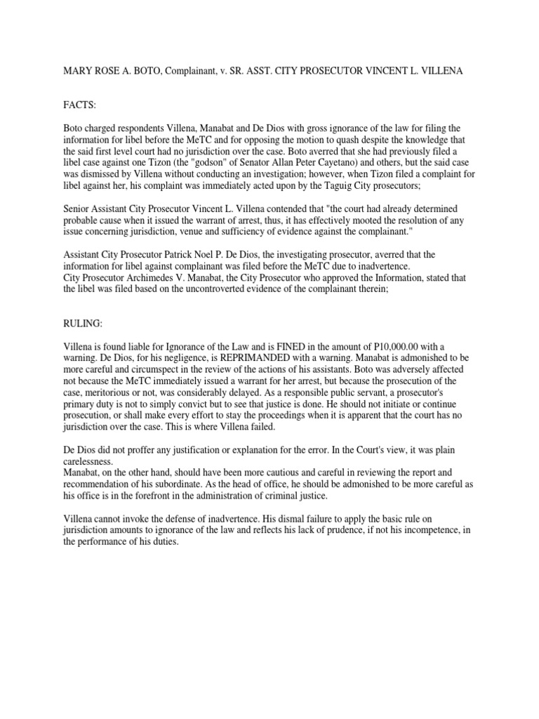 16 MARY ROSE A. BOTO, Complainant, v. SR. ASST. CITY PROSECUTOR VINCENT ...
