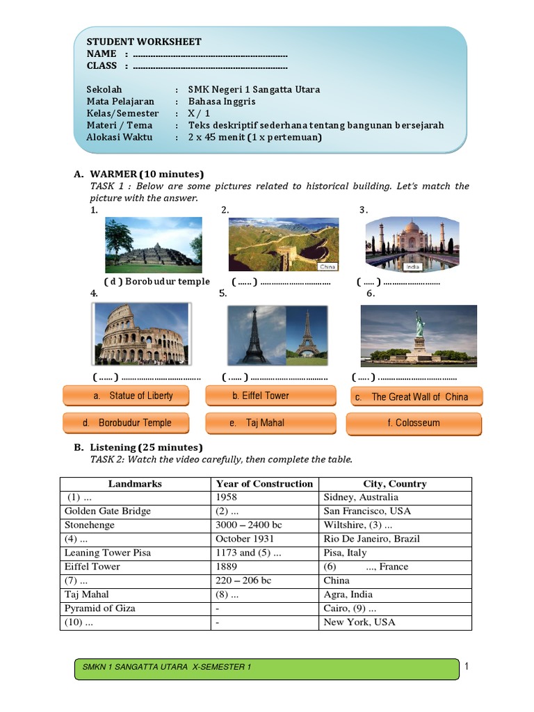 Landmarks of History: A Student Worksheet on Famous Historical ...
