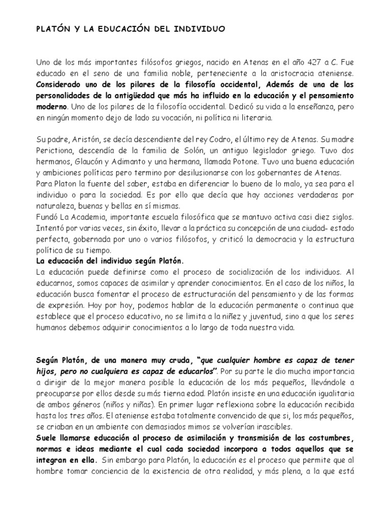 Platón y La Educación Del Individuo | PDF | Platón | Conocimiento