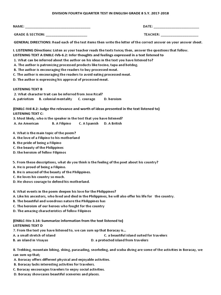 Fourth Division Exam G8 | PDF | Confucianism | Philippines