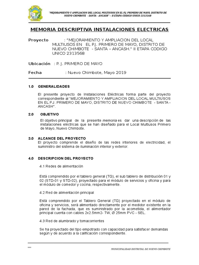 Memoria Descriptiva Instalaciones Electricas | PDF | Distribución de energía eléctrica ...