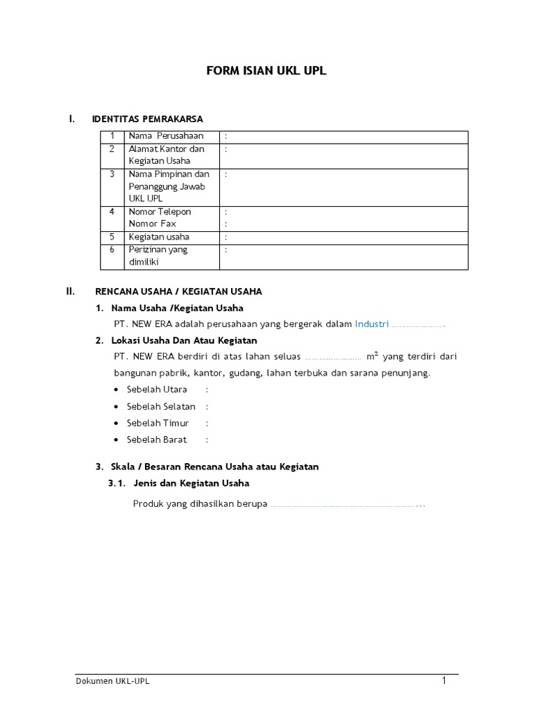 Form Isian Dokumen UKL-UPL Industri | PDF
