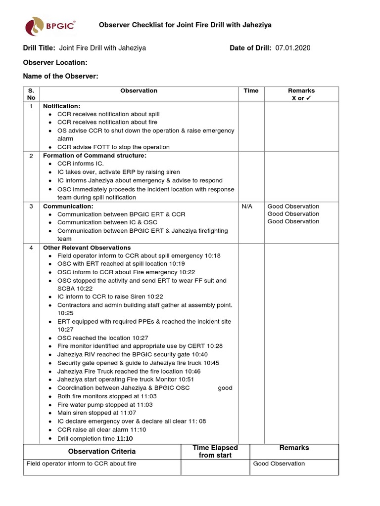 Fire Drill Observer CheckList - 07.1.2020 | PDF | Fire Engine ...